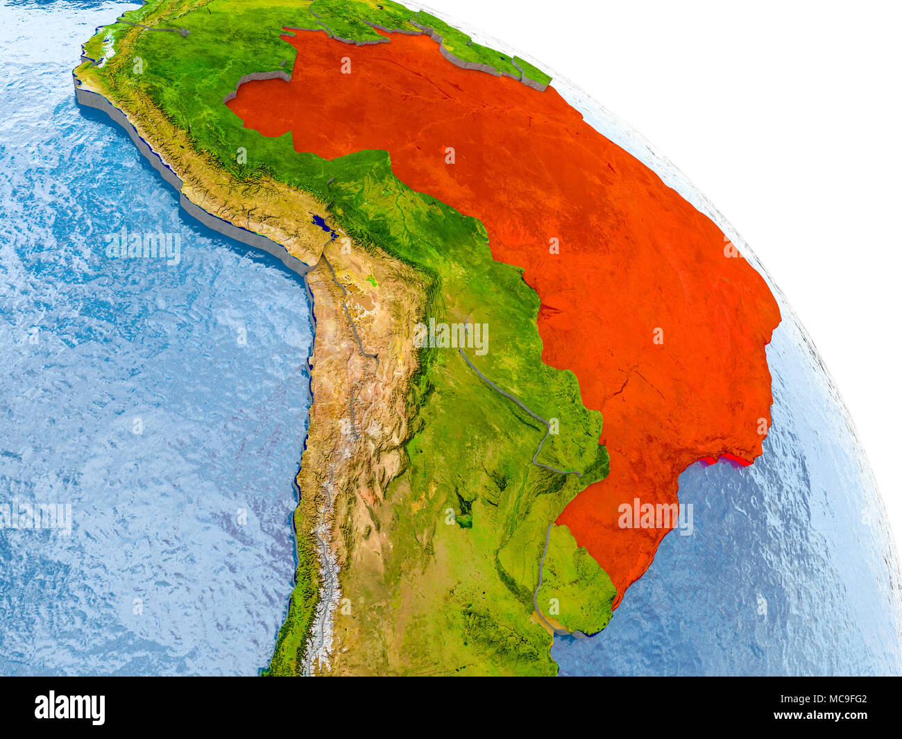 Illustration of Brazil highlighted in red on glob with realistic ...