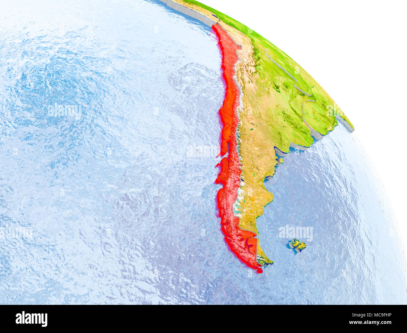 Illustration of Chile highlighted in red on glob with realistic surface ...