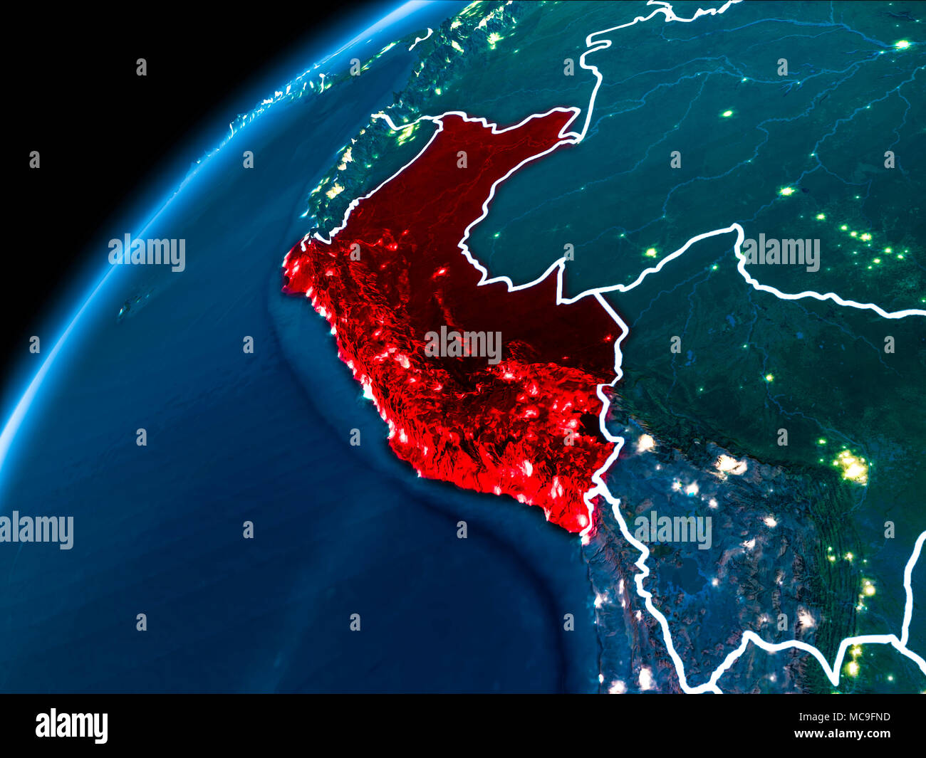 Peru highlighted in red from Earth’s orbit at night with visible ...