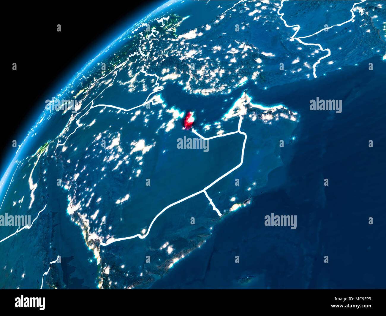 Qatar highlighted in red from Earth’s orbit at night with visible ...