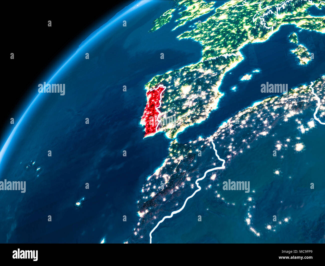 Portugal highlighted in red from Earth’s orbit at night with visible ...