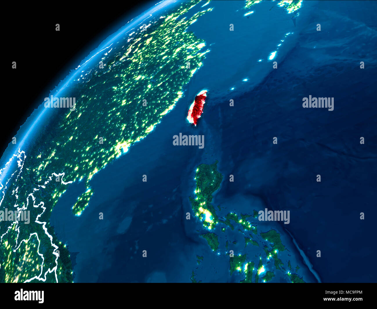 Taiwan highlighted in red from Earth’s orbit at night with visible ...