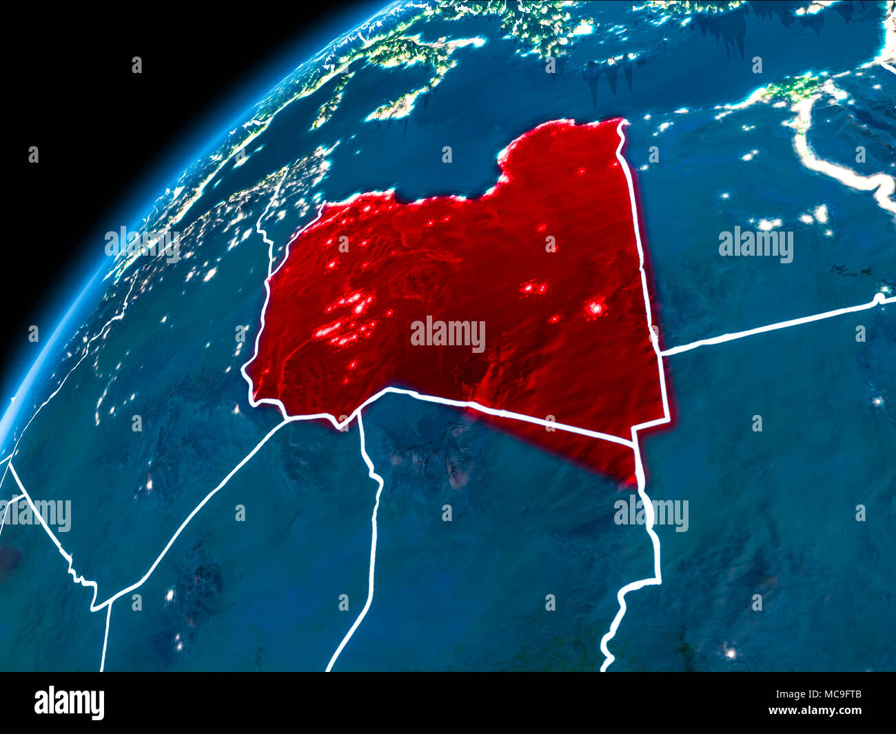 Libya highlighted in red from Earth’s orbit at night with visible country borders. 3D ...