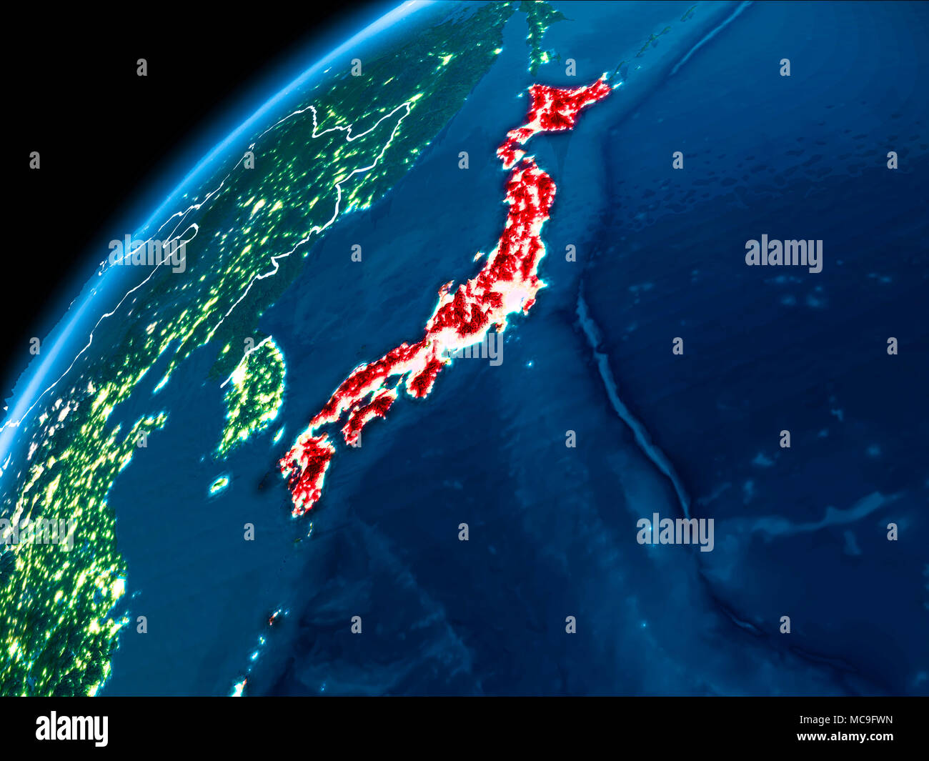 Japan highlighted in red from Earth’s orbit at night with visible ...