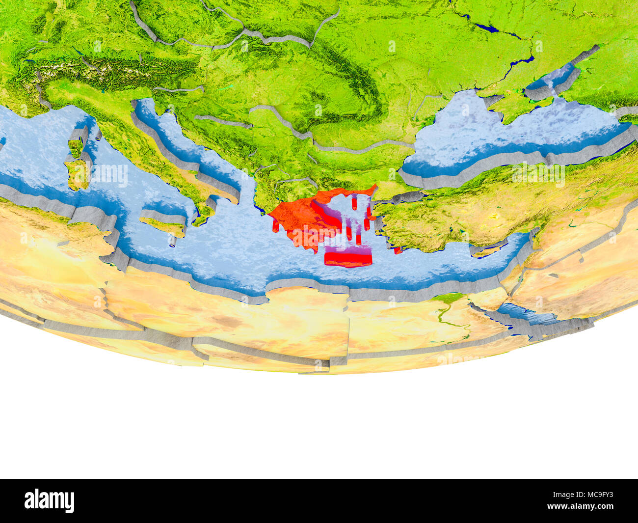 Greece on 3D model of globe with real land surface, visible country ...