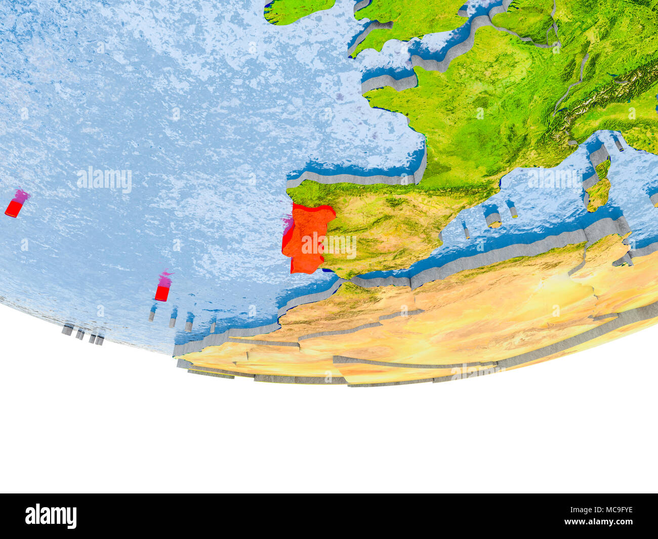 Portugal on 3D model of globe with real land surface, visible country ...