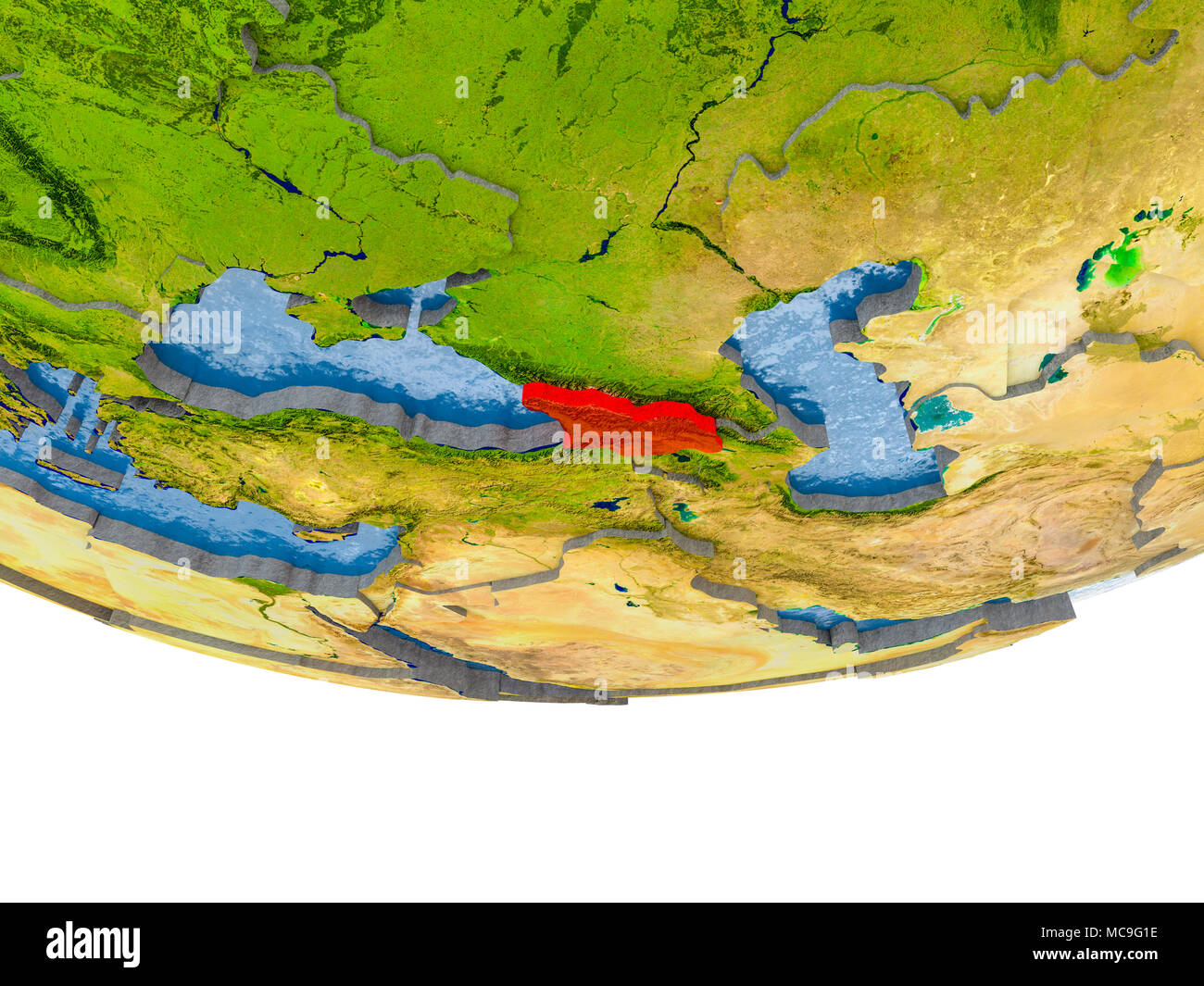 Georgia on 3D model of globe with real land surface, visible country ...
