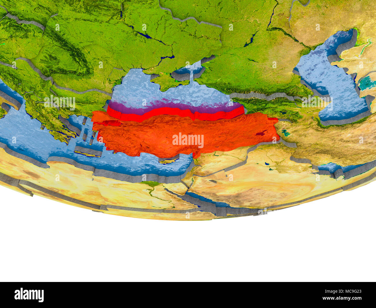 Turkey on 3D model of globe with real land surface, visible country ...
