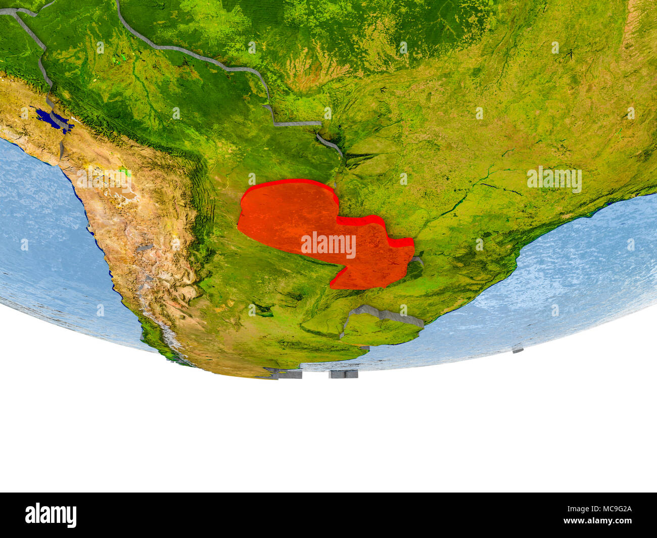 Paraguay on 3D model of globe with real land surface, visible country ...
