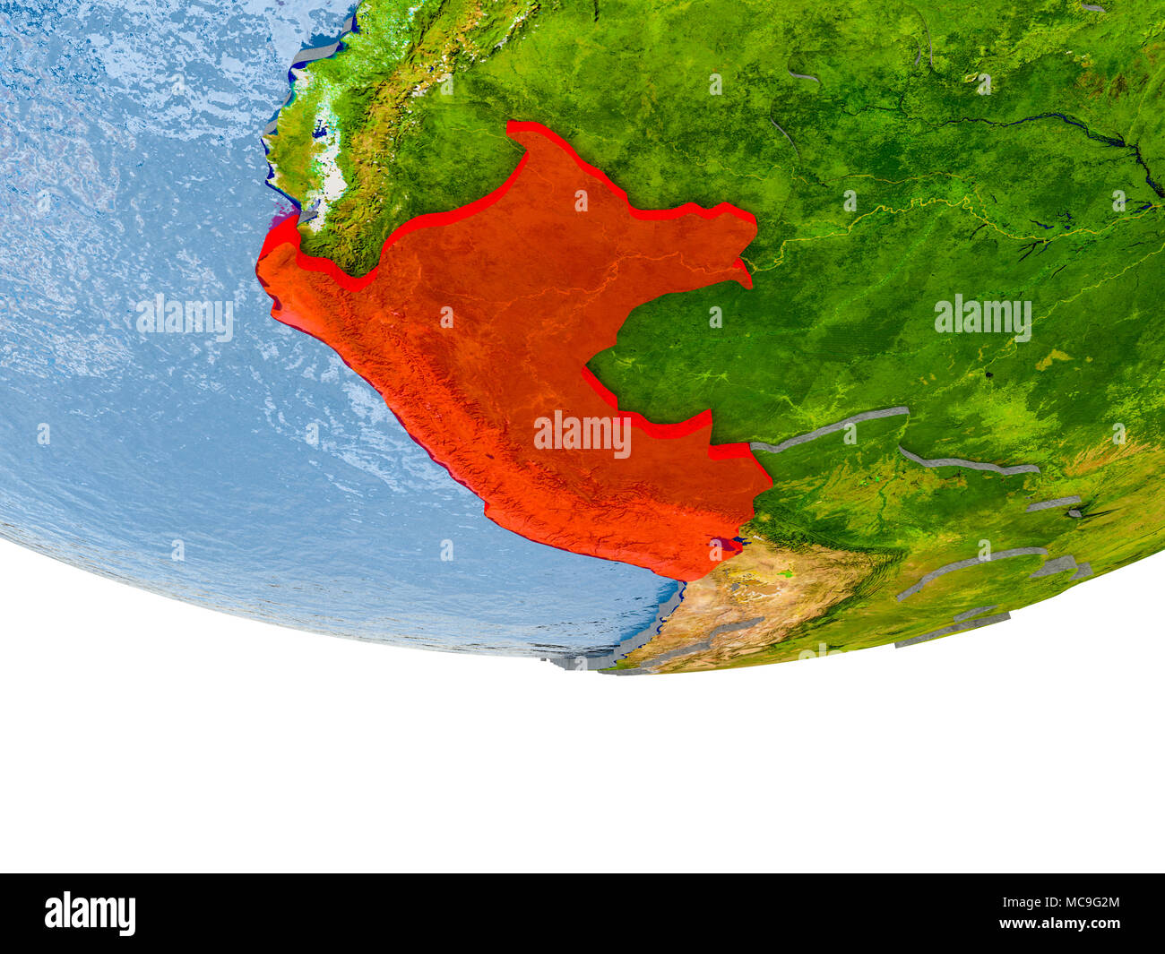 Peru on 3D model of globe with real land surface, visible country ...