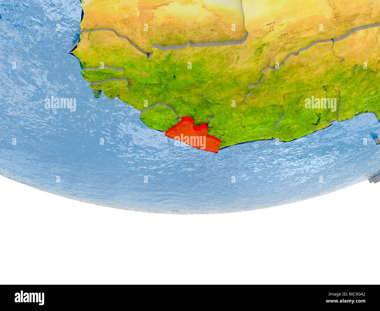 Liberia on 3D model of globe with real land surface, visible country ...