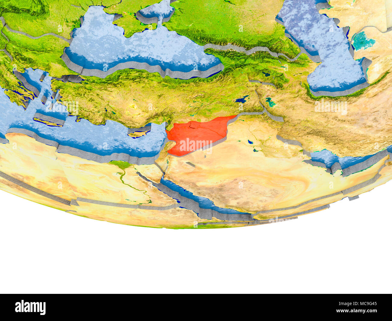Syria on 3D model of globe with real land surface, visible country ...