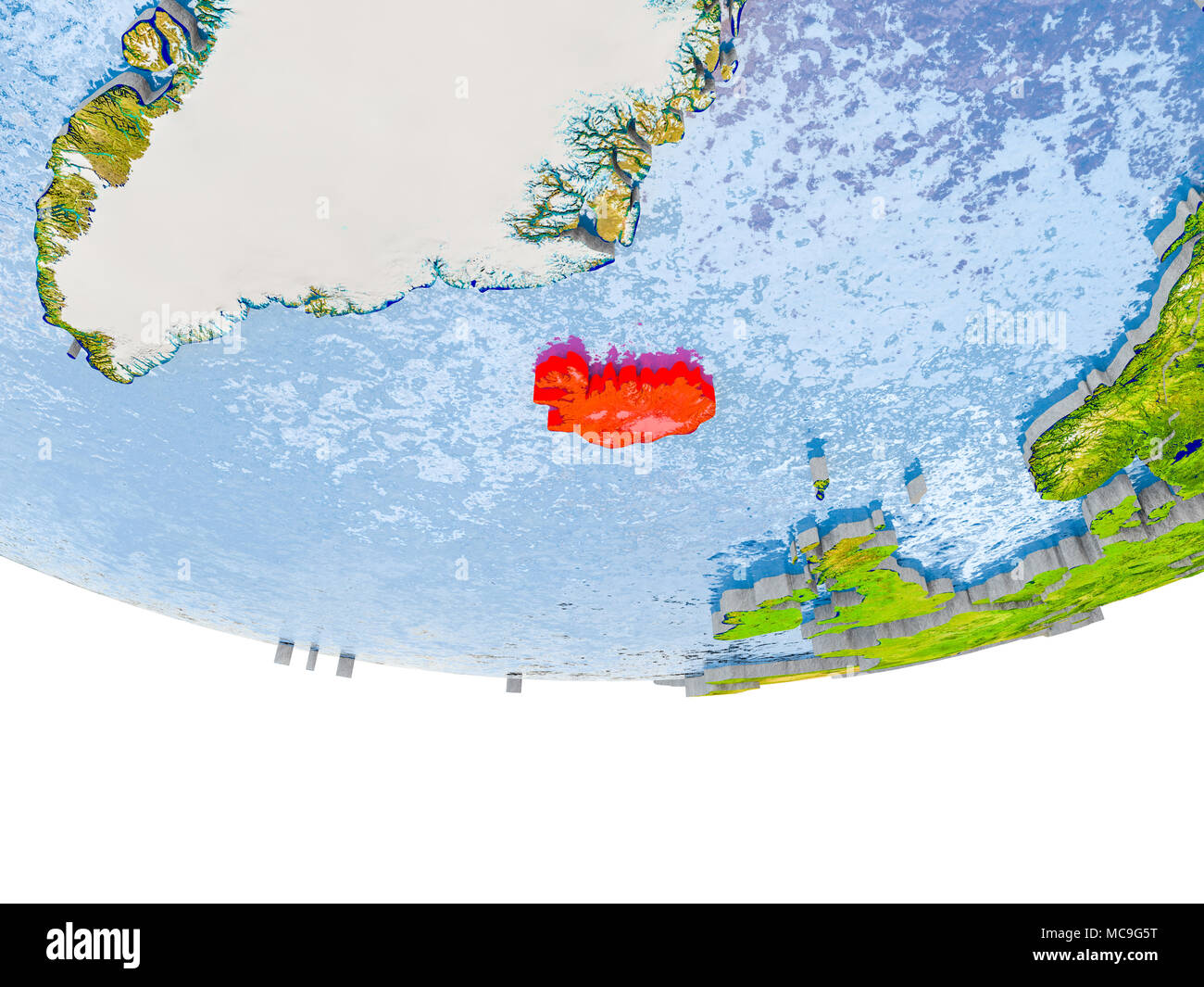 Iceland on 3D model of globe with real land surface, visible country ...