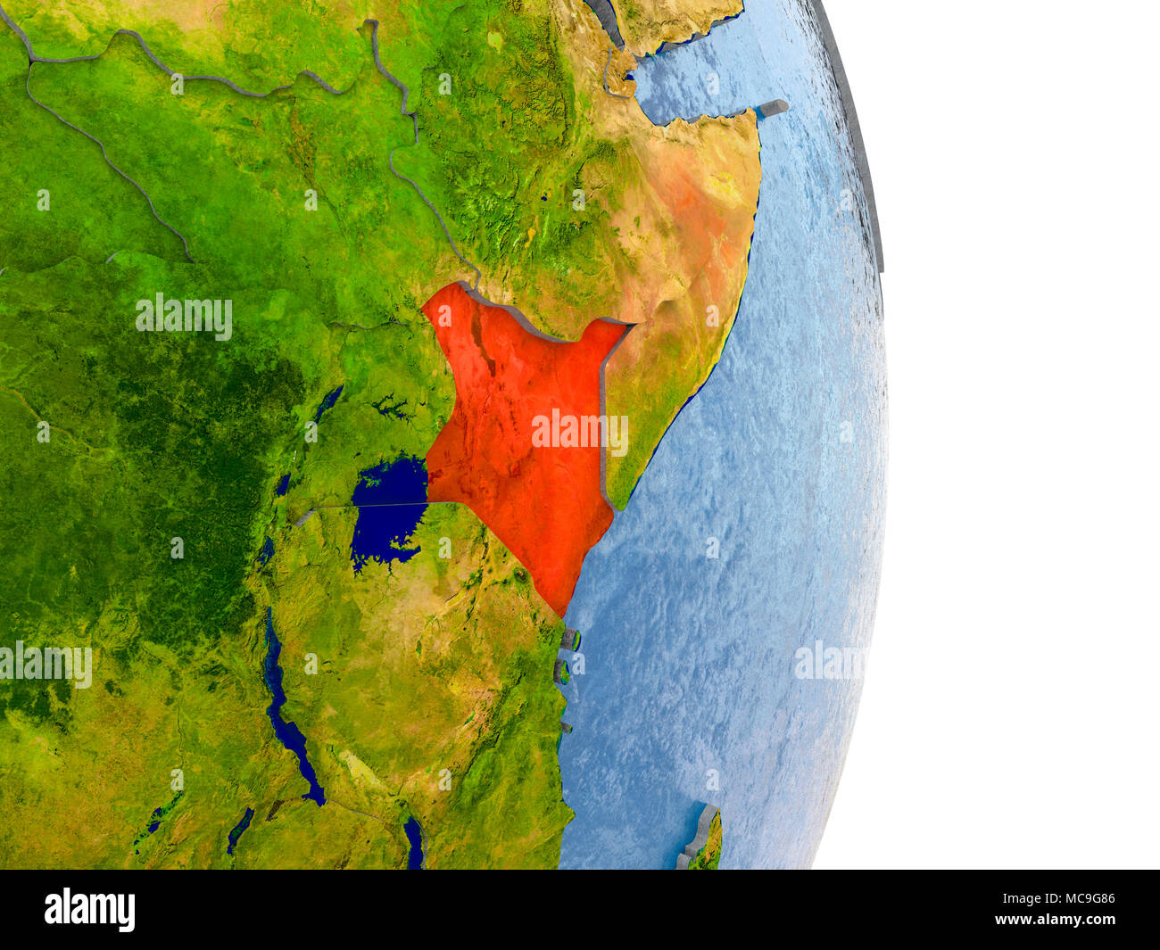 Kenya in red on model of globe with embossed countries and realistic ...
