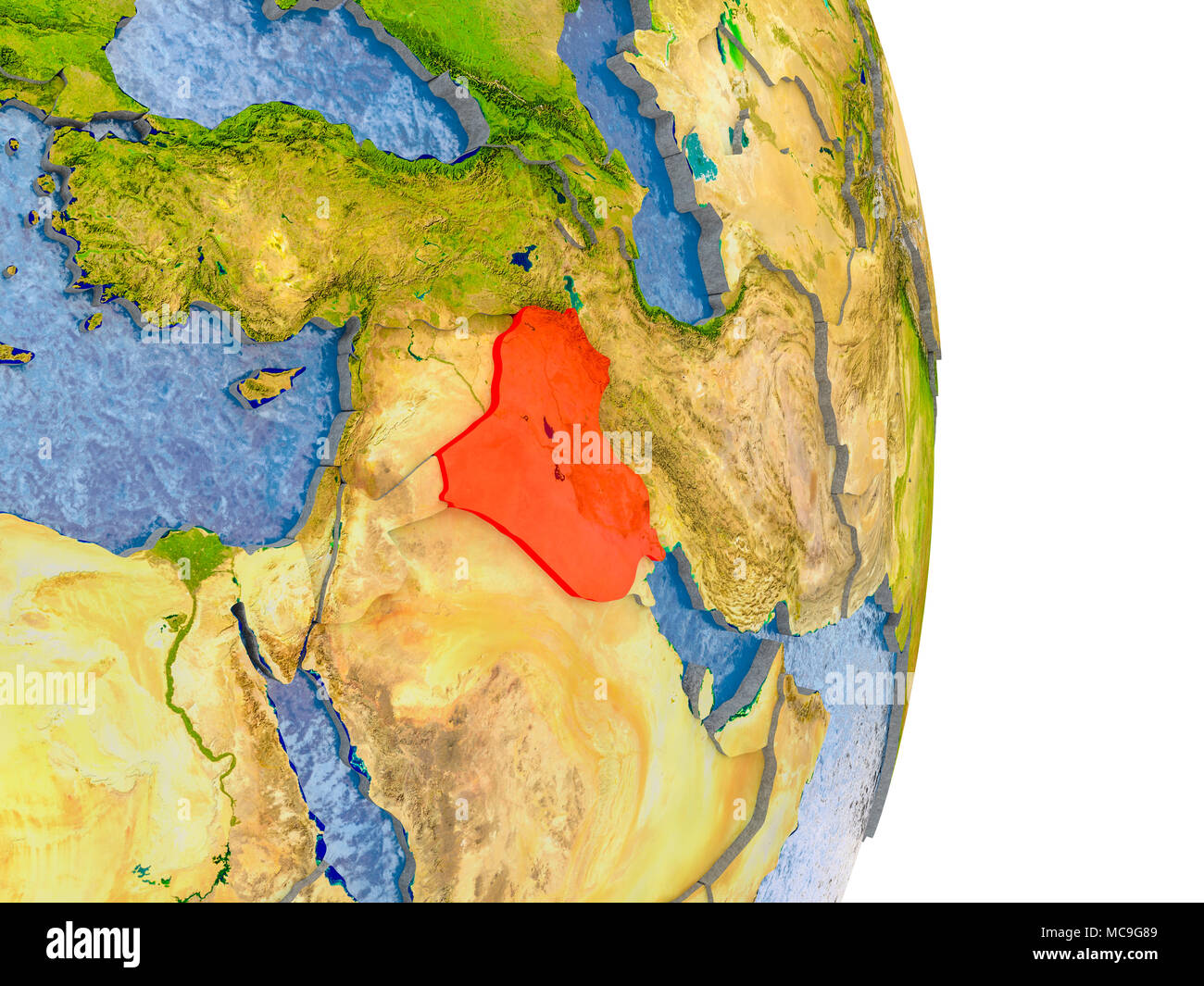 Iraq in red on model of globe with embossed countries and realistic ...