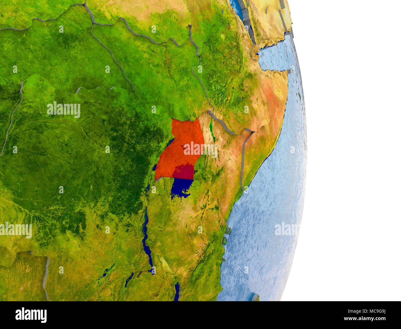 Uganda in red on model of globe with embossed countries and realistic ...