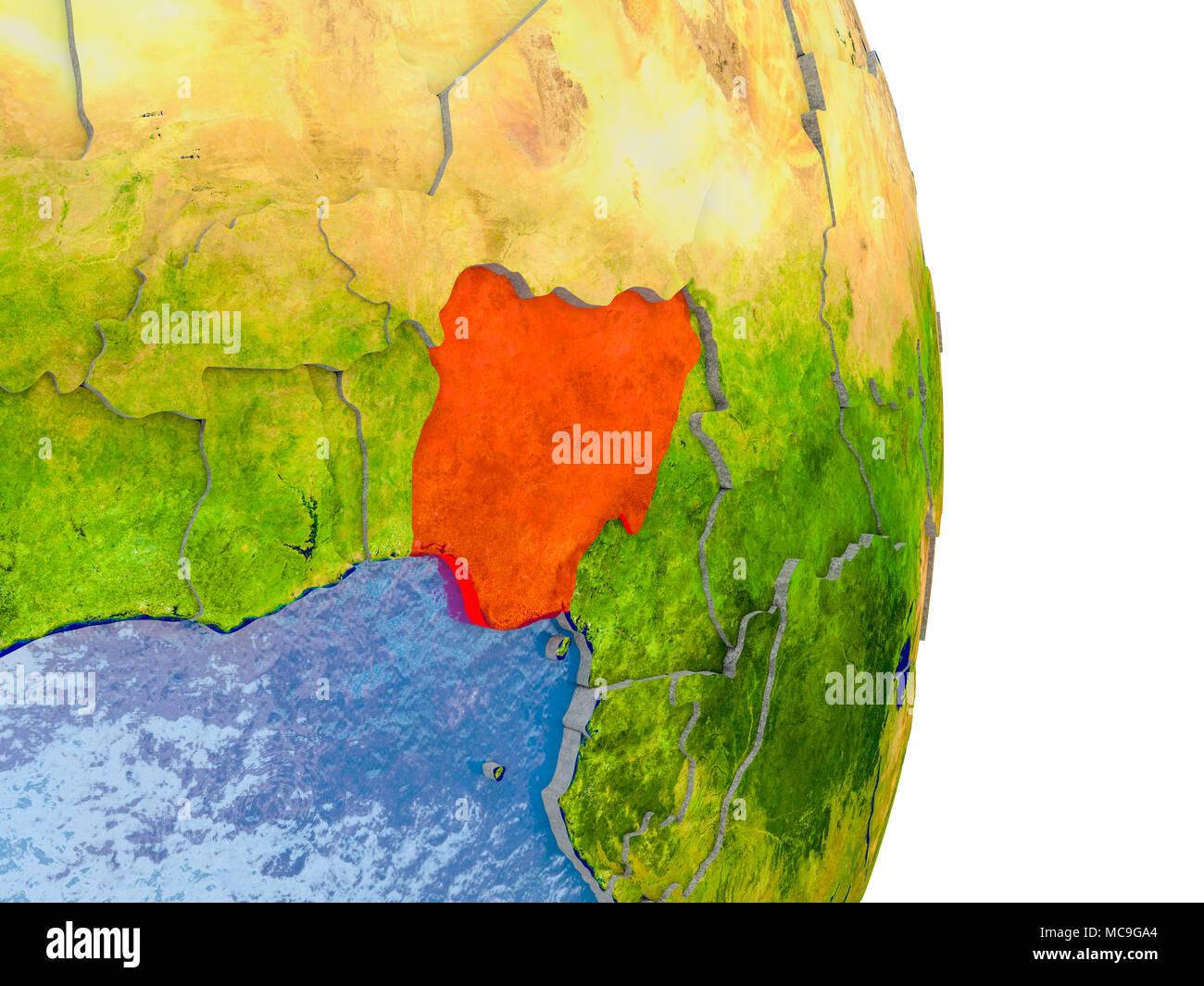 Nigeria in red on model of globe with embossed countries and realistic ...