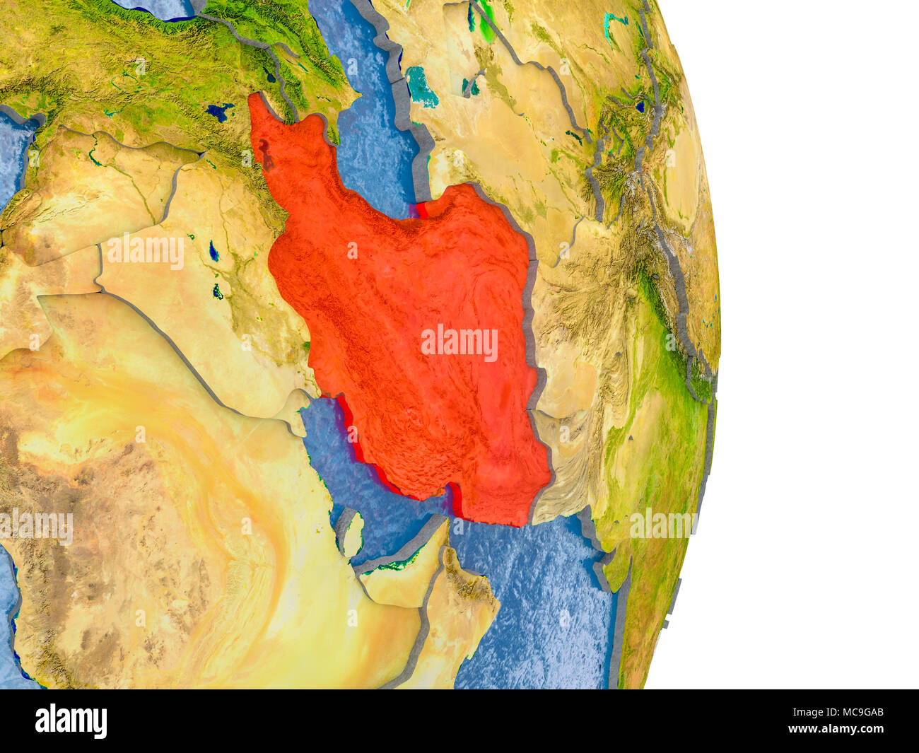 Iran in red on model of globe with embossed countries and realistic ...