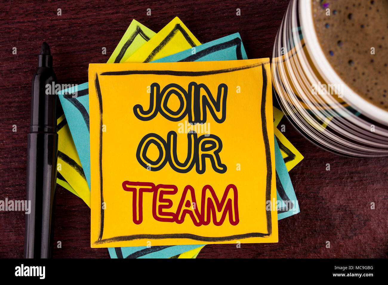 Writing note showing Join Our Team. Business photo showcasing Get over ...