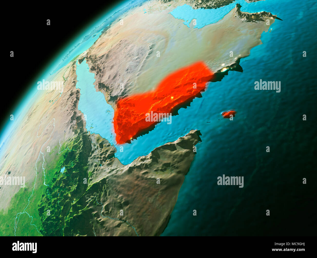 Evening over Yemen as seen from space on planet Earth. 3D illustration ...