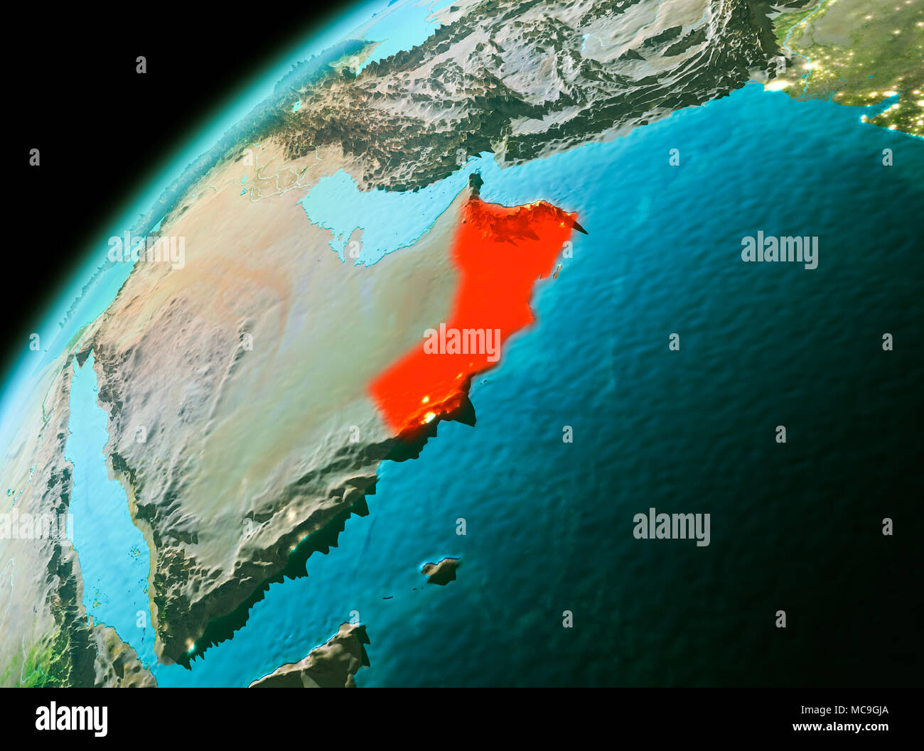 Evening over Oman as seen from space on planet Earth. 3D illustration ...