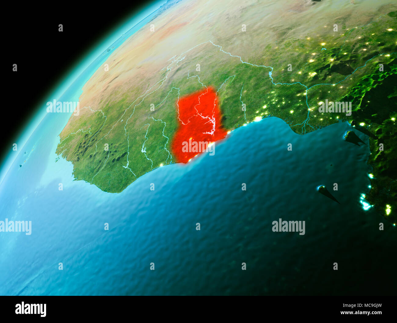 Evening over Ghana as seen from space on planet Earth. 3D illustration ...