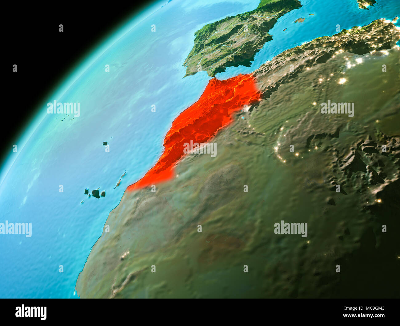 Evening over Morocco as seen from space on planet Earth. 3D ...