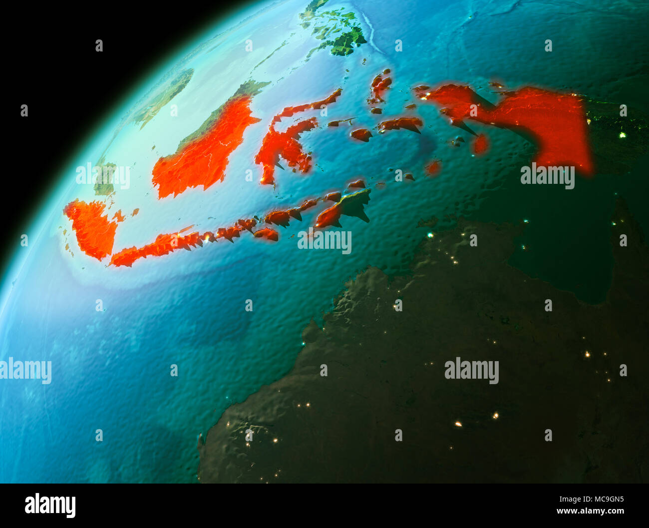 Evening over Indonesia as seen from space on planet Earth. 3D ...