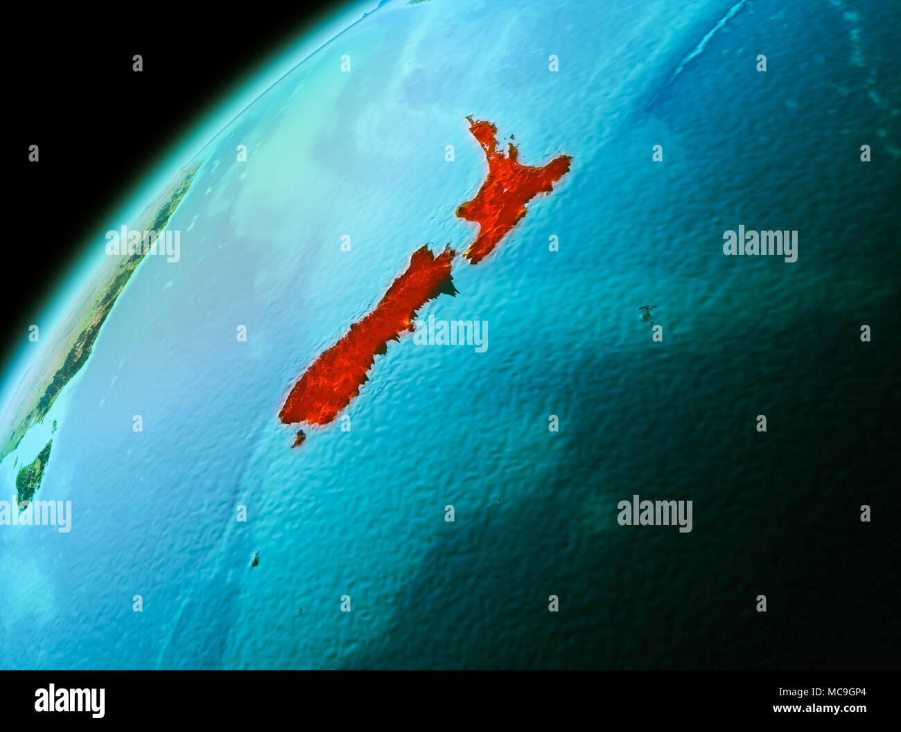 Evening over New Zealand as seen from space on planet Earth. 3D ...