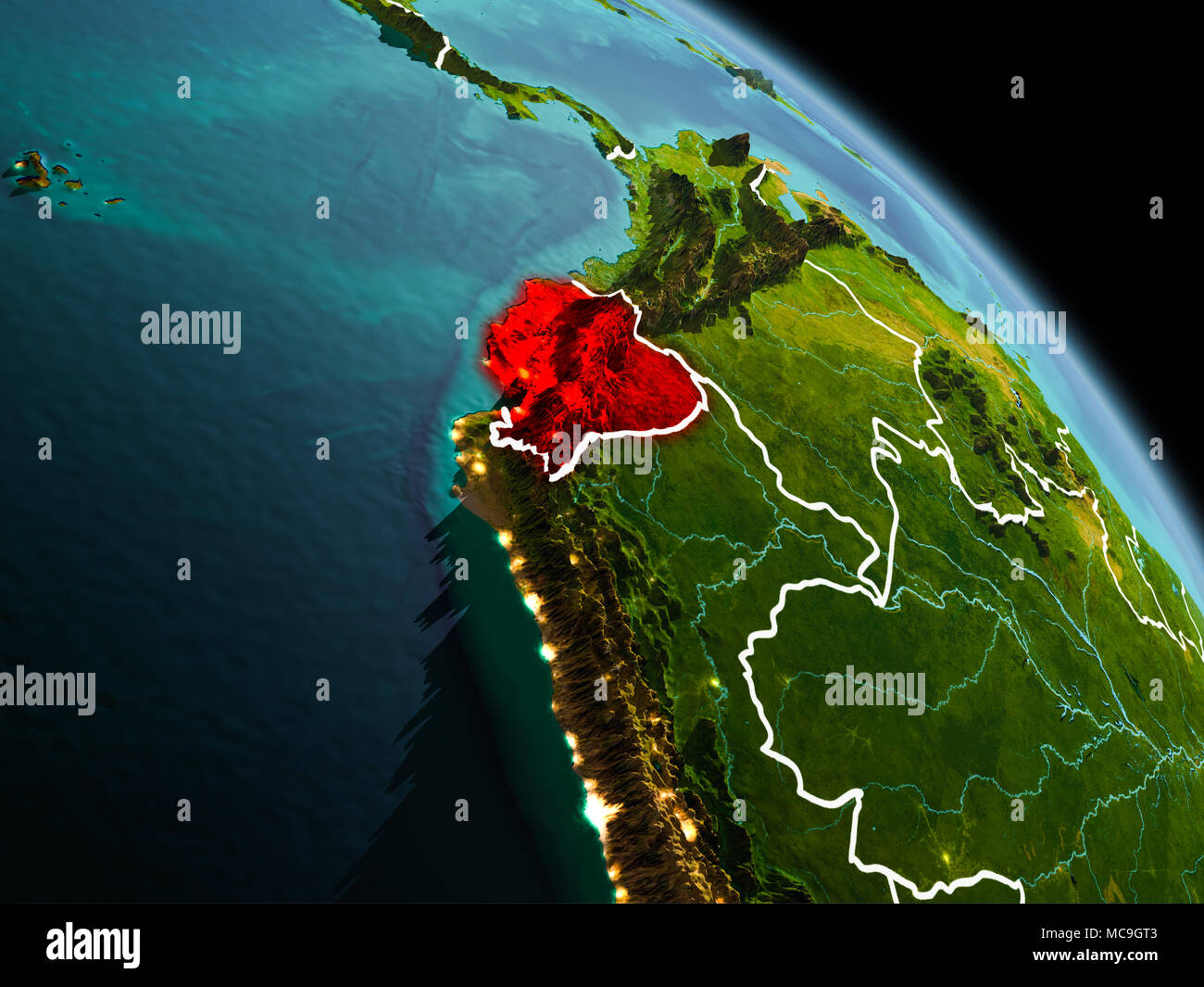 Early morning view of Ecuador highlighted in red on planet Earth with ...