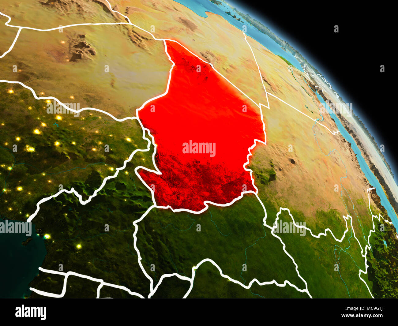 Early morning view of Chad highlighted in red on planet Earth with visible border lines and city ...
