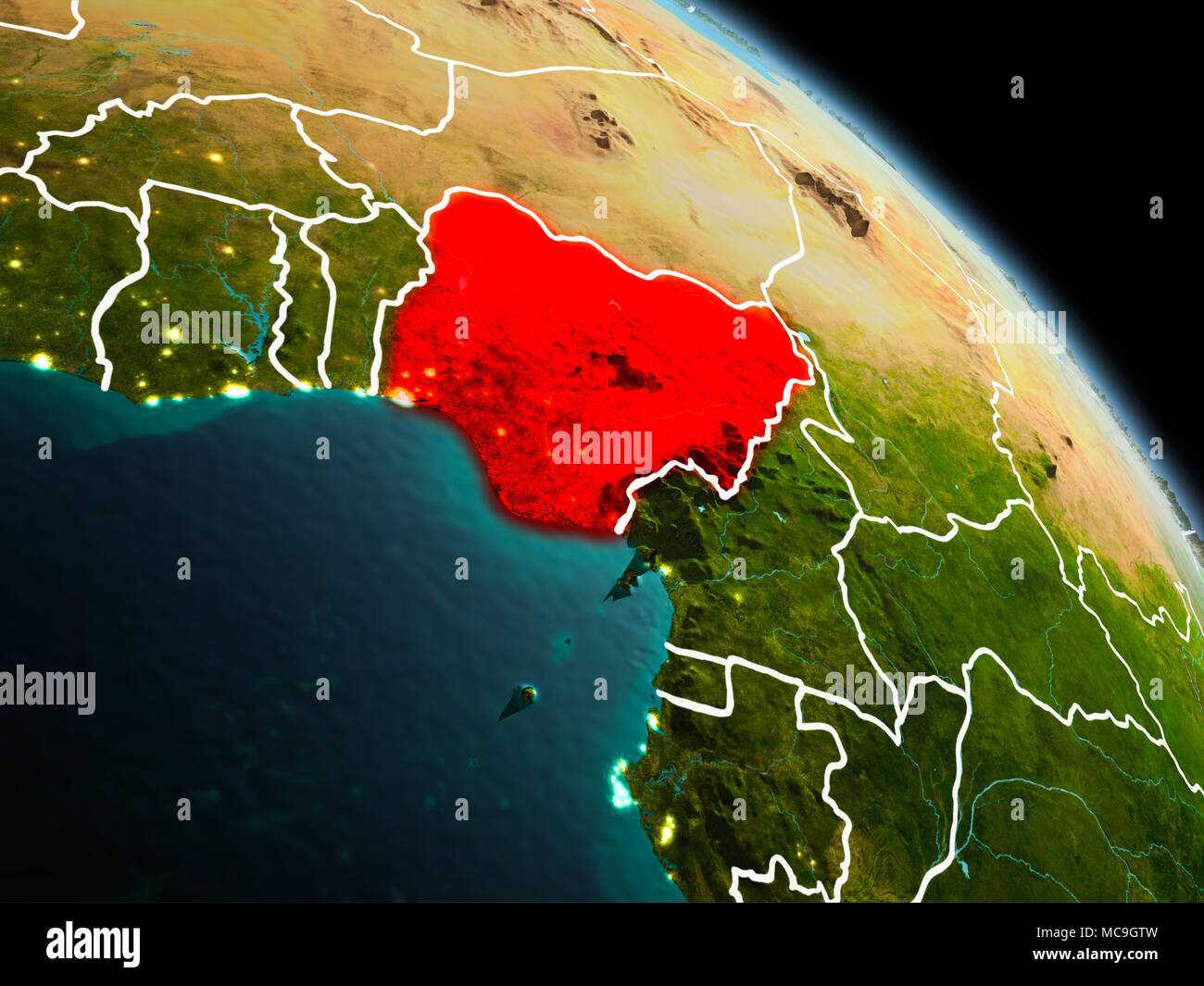 Early morning view of Nigeria highlighted in red on planet Earth with ...