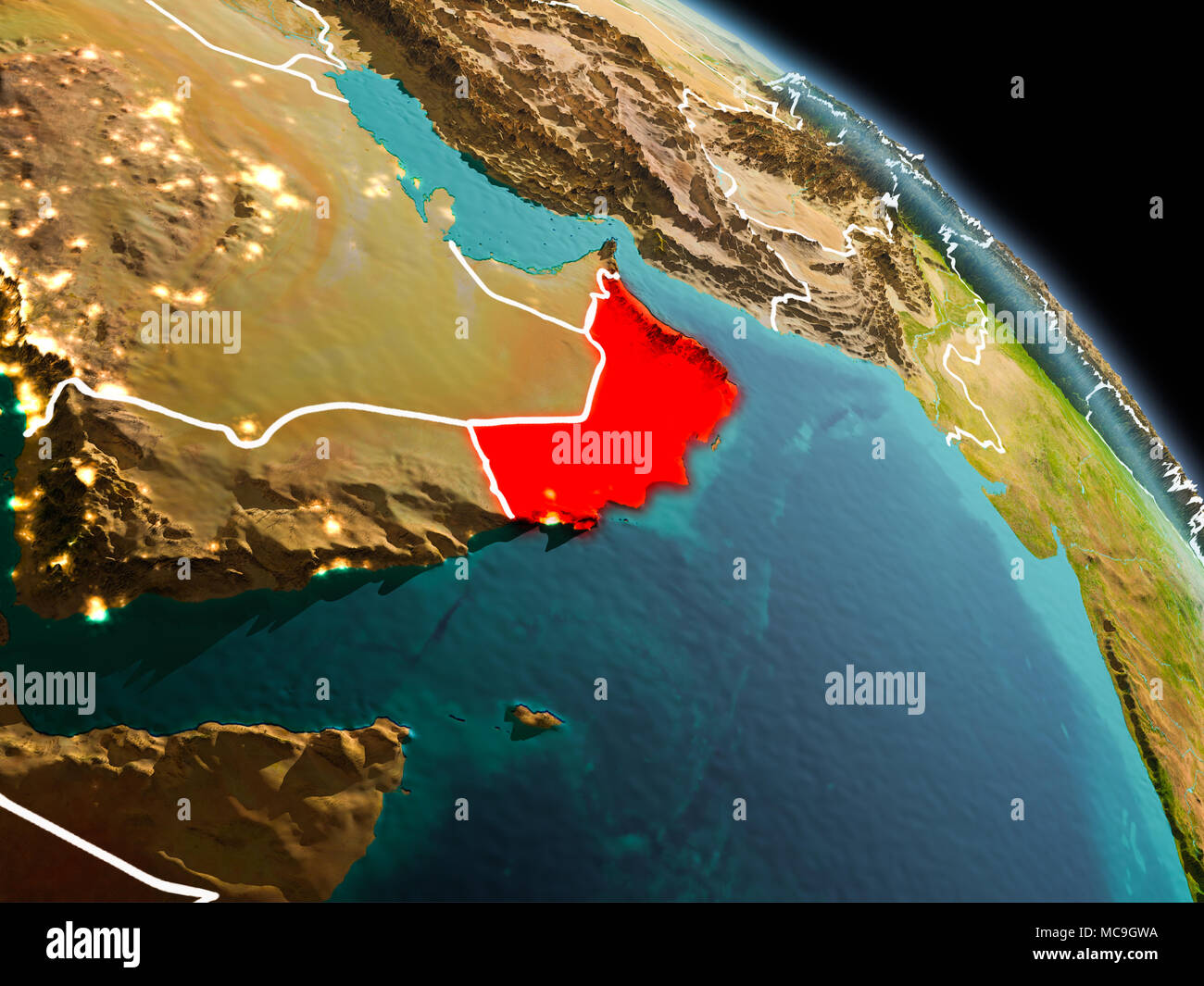 Early morning view of Oman highlighted in red on planet Earth with ...