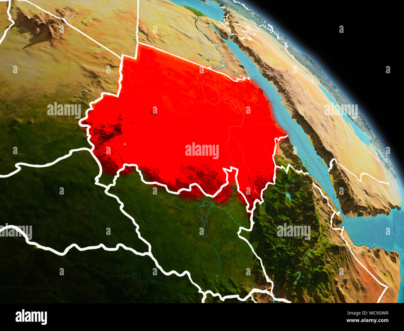 Early morning view of Sudan highlighted in red on planet Earth with ...
