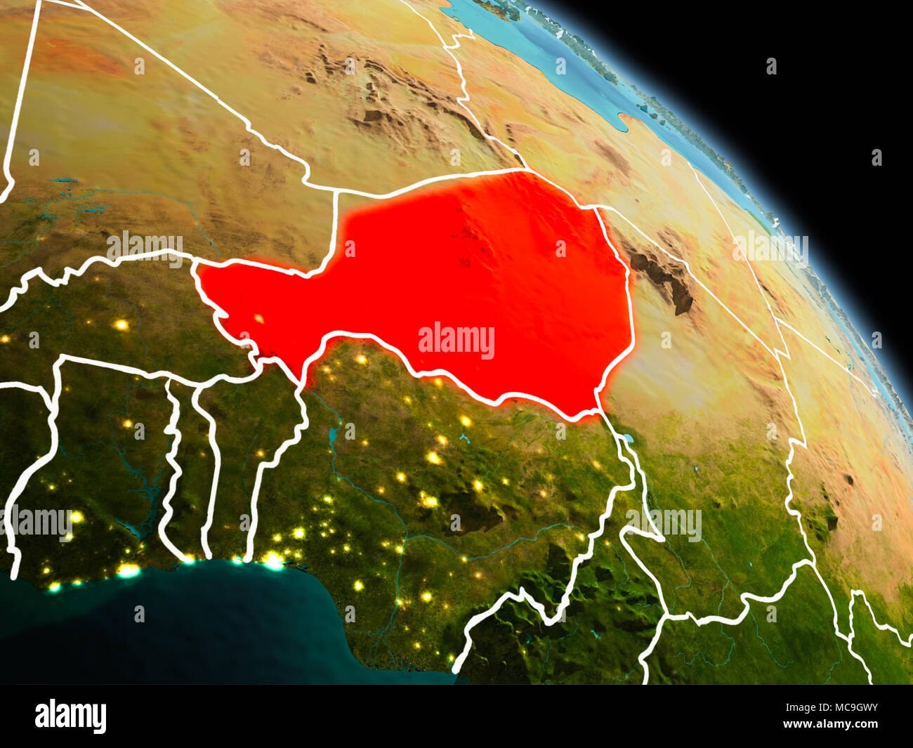 Early morning view of Niger highlighted in red on planet Earth with ...