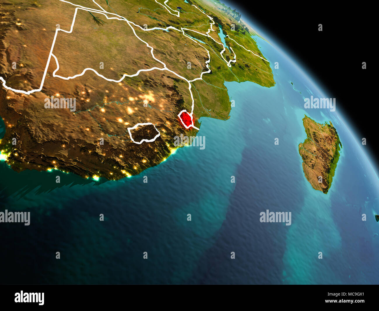 Early morning view of Swaziland highlighted in red on planet Earth with visible border lines and ...