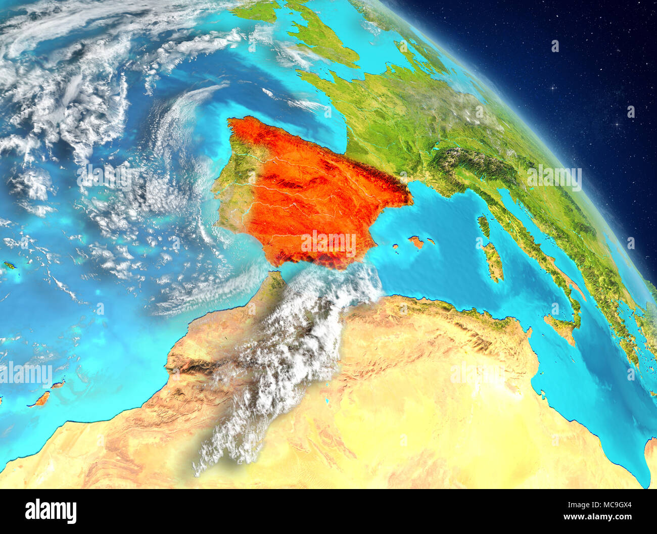 Illustration of Spain as seen from Earth’s orbit. 3D illustration ...
