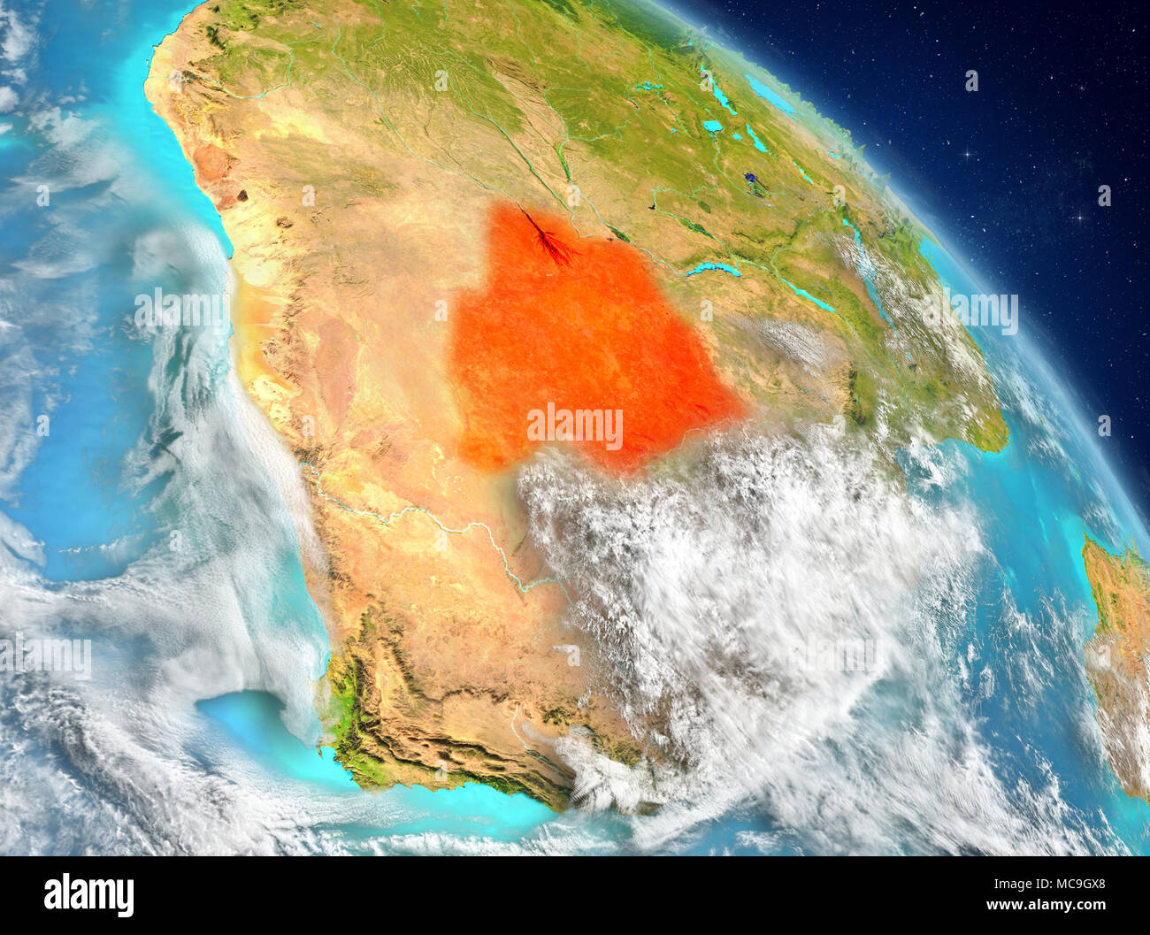 Illustration of Botswana as seen from Earth’s orbit. 3D illustration ...