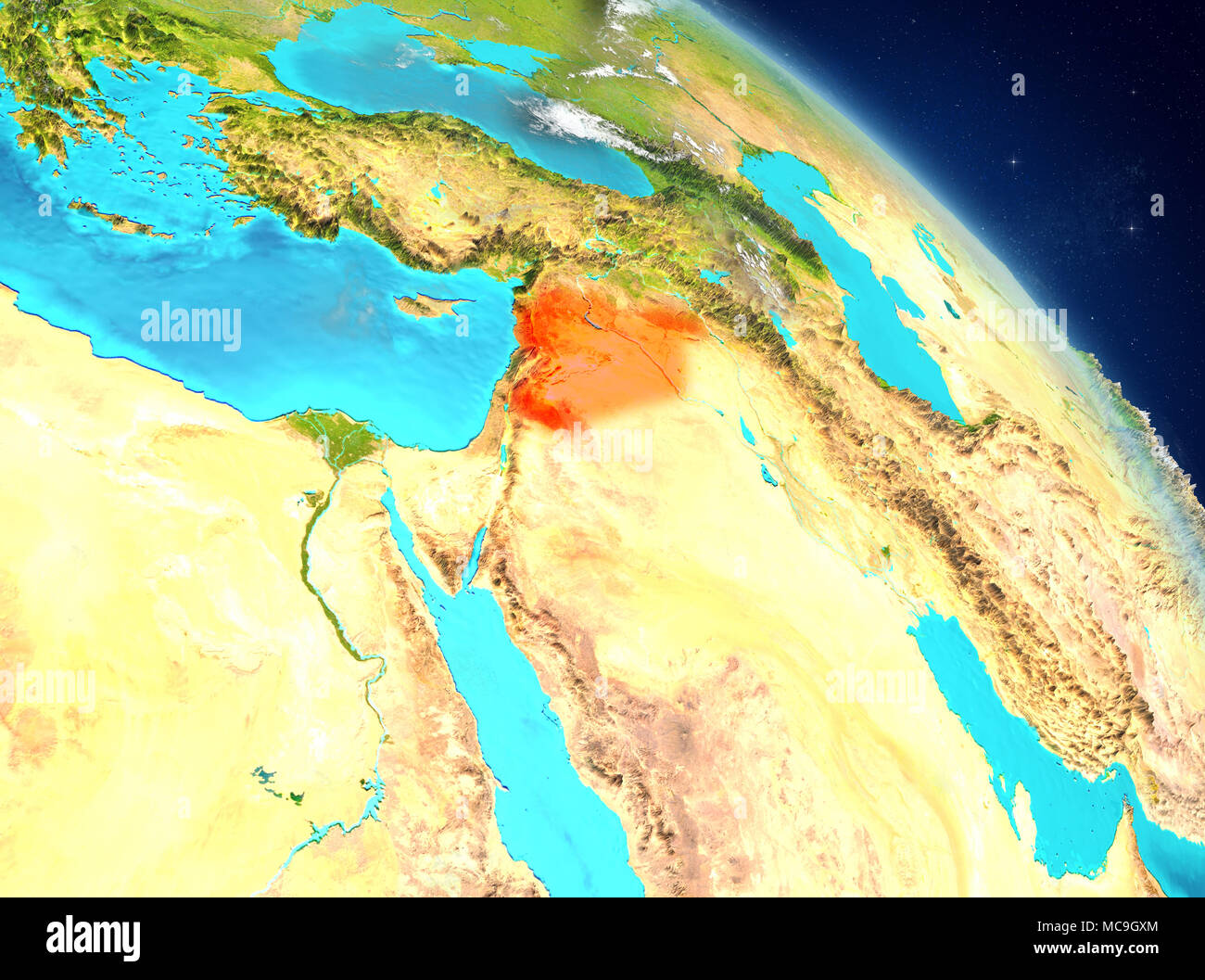 Illustration of Syria as seen from Earth’s orbit. 3D illustration ...