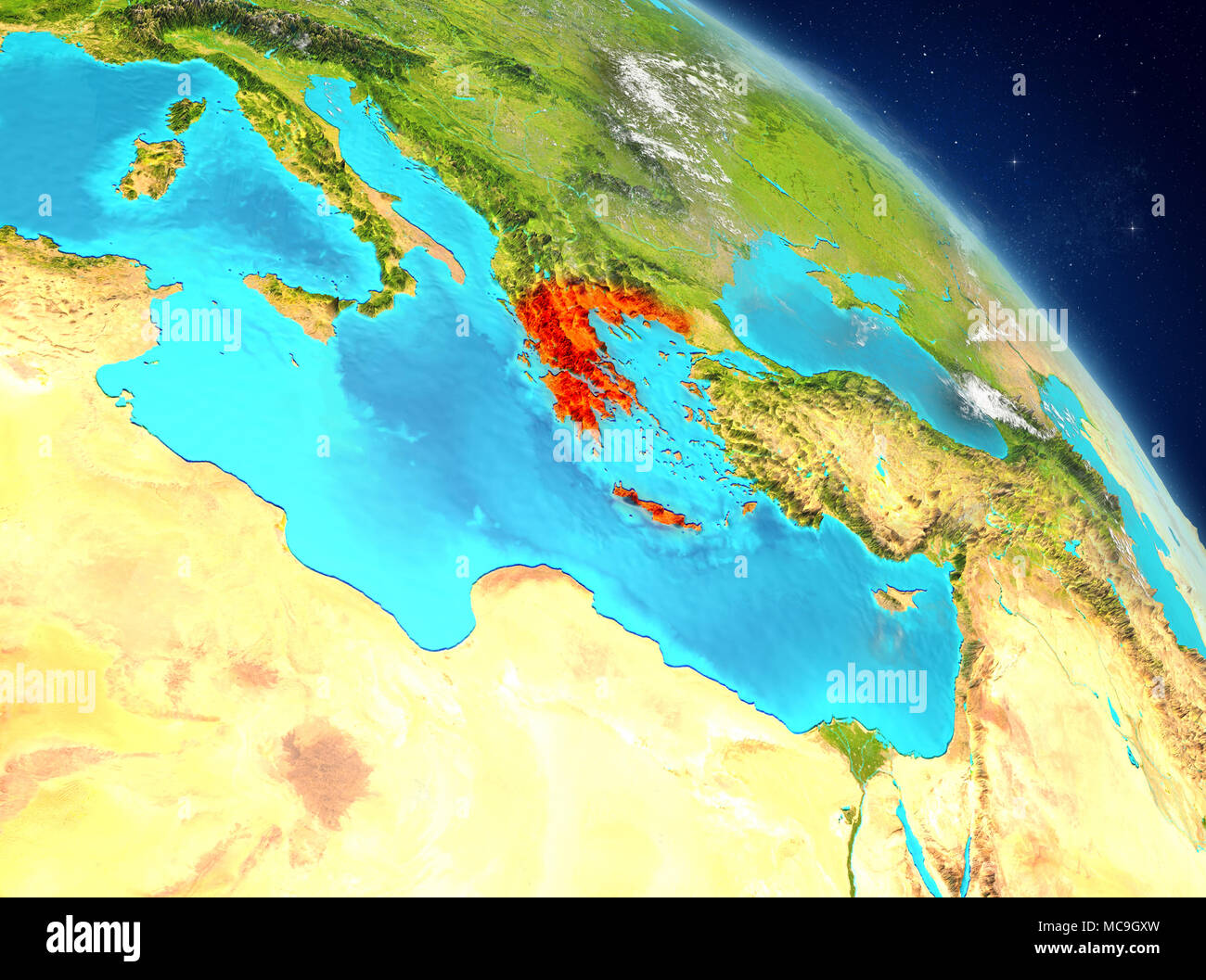 Illustration of Greece as seen from Earth’s orbit. 3D illustration ...