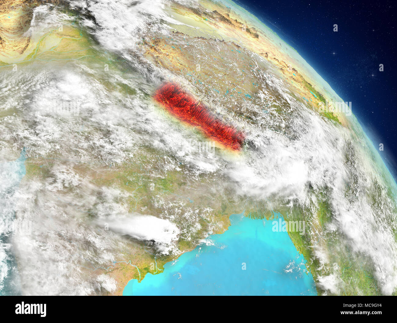 Illustration of Nepal as seen from Earth’s orbit. 3D illustration ...