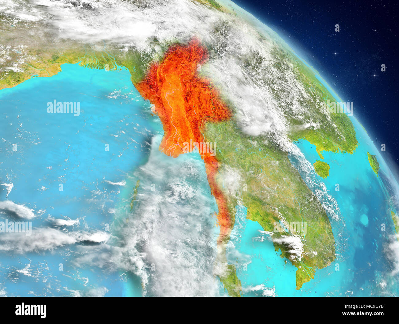 Illustration of Myanmar as seen from Earth’s orbit. 3D illustration ...