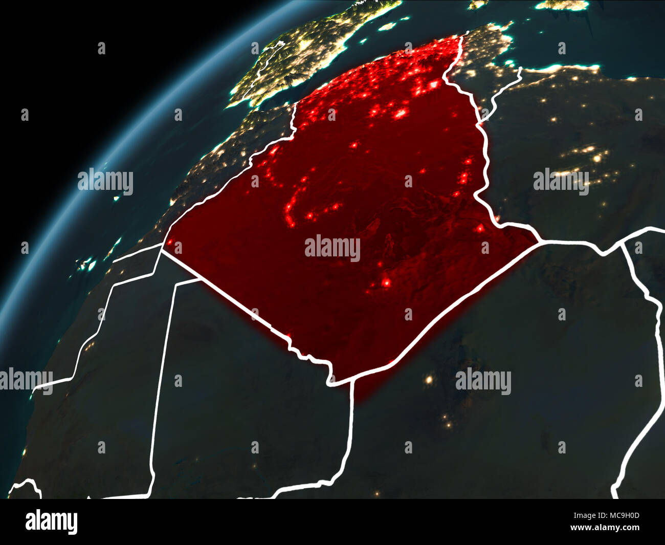 Algeria in red on planet Earth at night with visible borderlines and ...