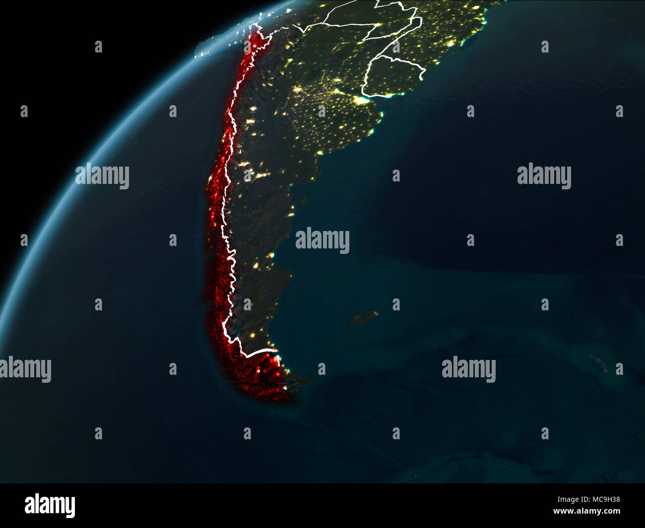 Chile in red on planet Earth at night with visible borderlines and city lights. 3D illustration ...