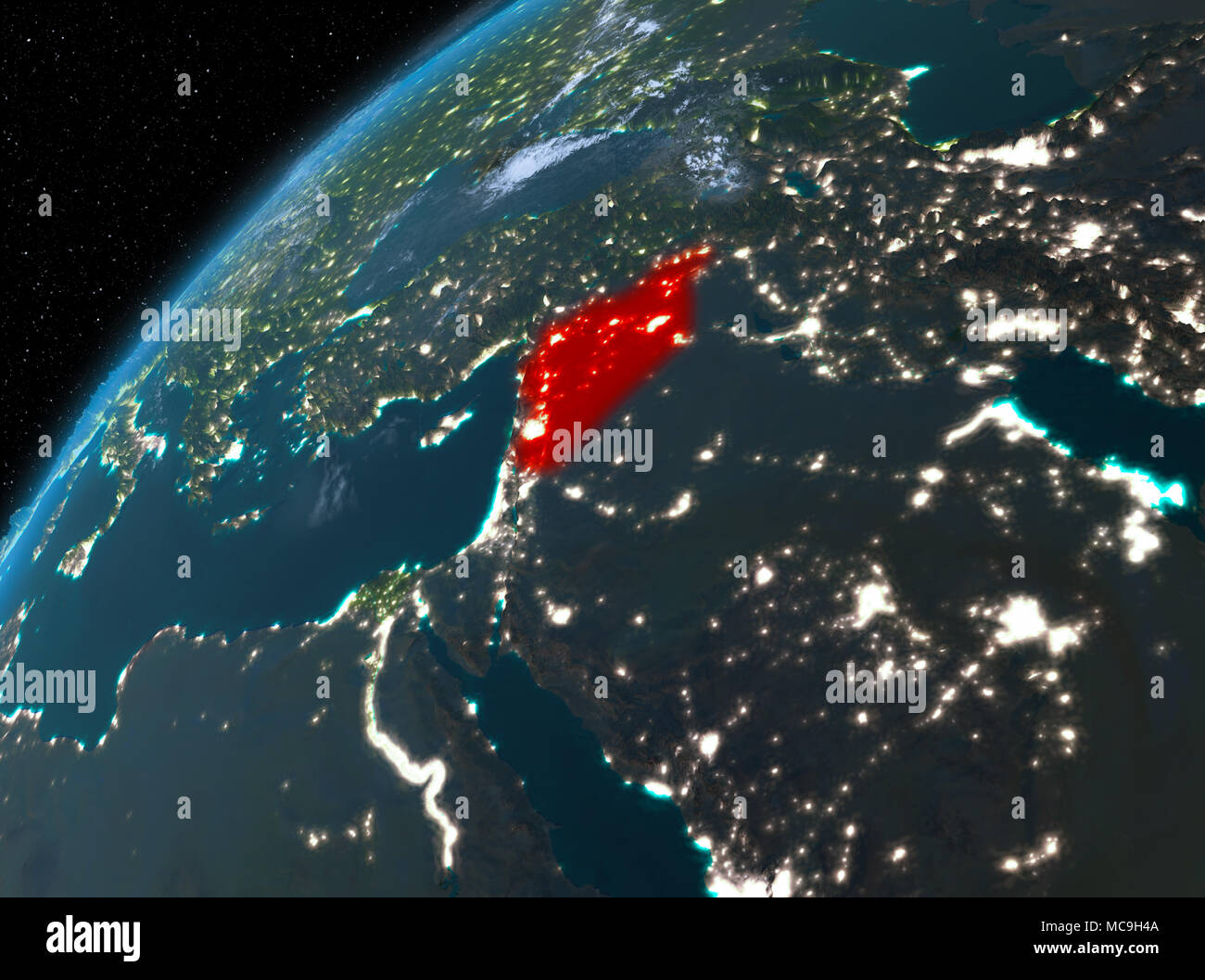 Illustration of Syria as seen from Earth’s orbit at night. 3D ...