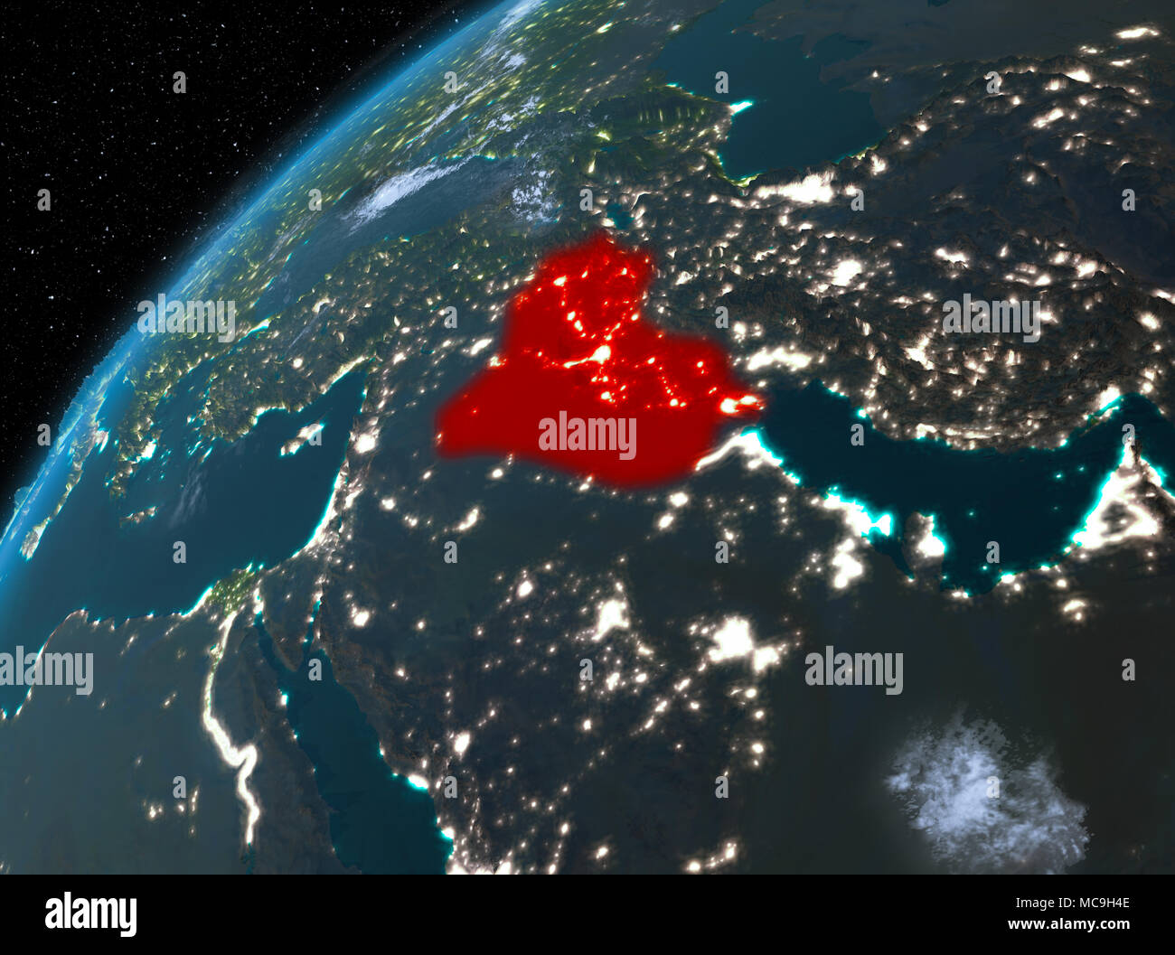 Illustration of Iraq as seen from Earth’s orbit at night. 3D ...