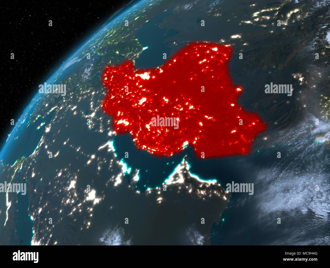 Illustration of Iran as seen from Earth’s orbit at night. 3D ...