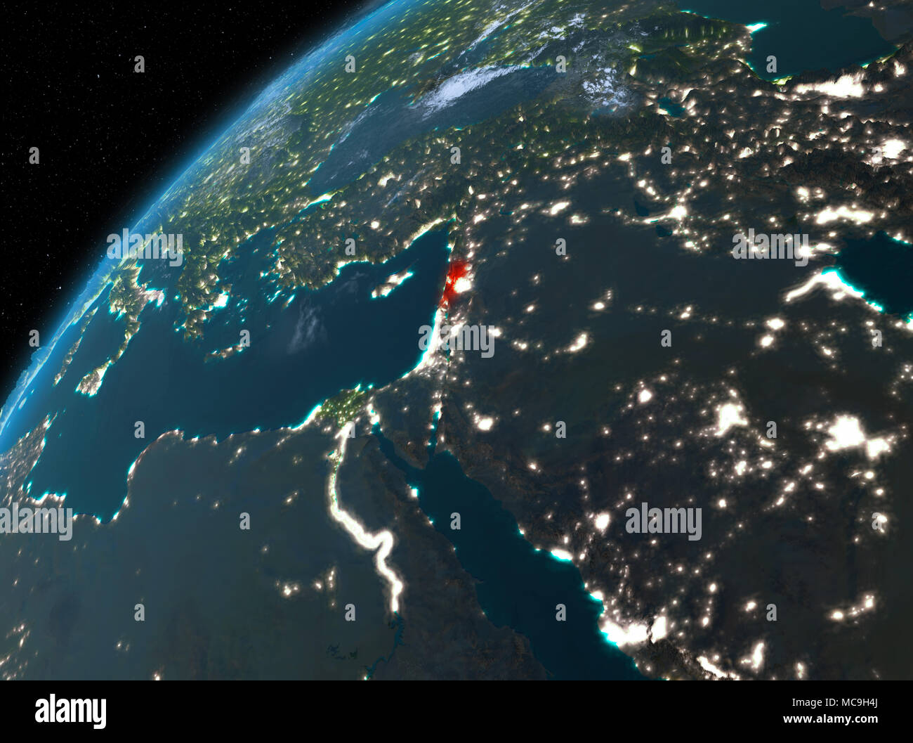 Illustration of Lebanon as seen from Earth’s orbit at night. 3D ...
