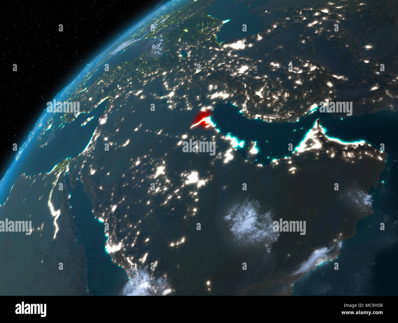 Illustration of Kuwait as seen from Earth’s orbit at night. 3D ...