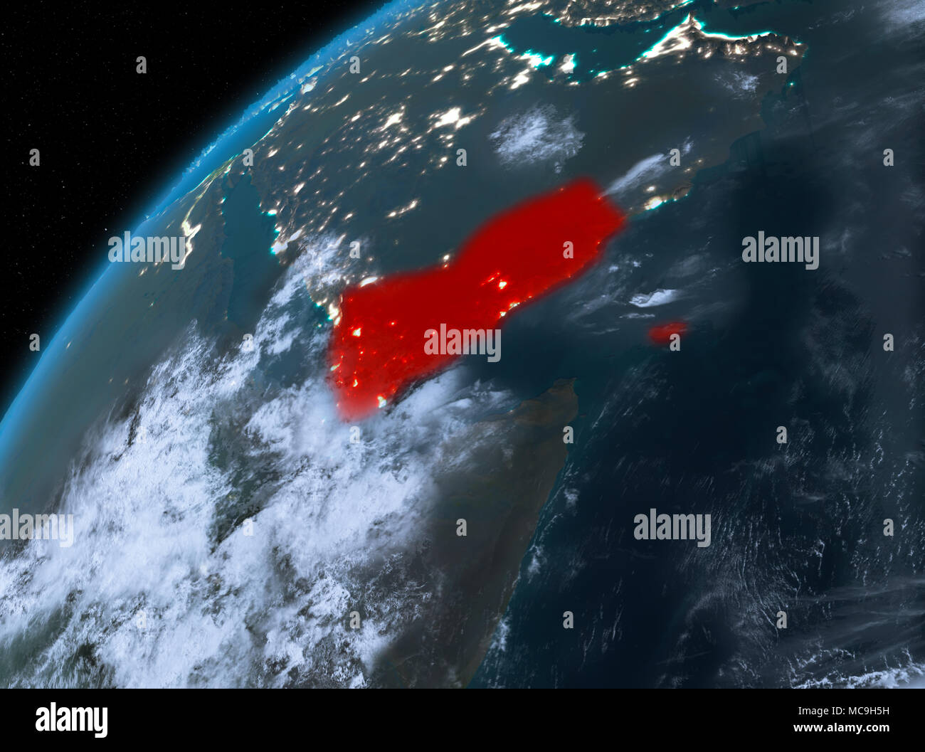 Illustration of Yemen as seen from Earth’s orbit at night. 3D ...